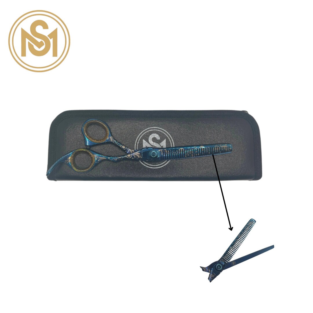 Professional Barber Blue Color Flower Printed Pattern Hair Cutting and Thinning Shears Kit 6 ...