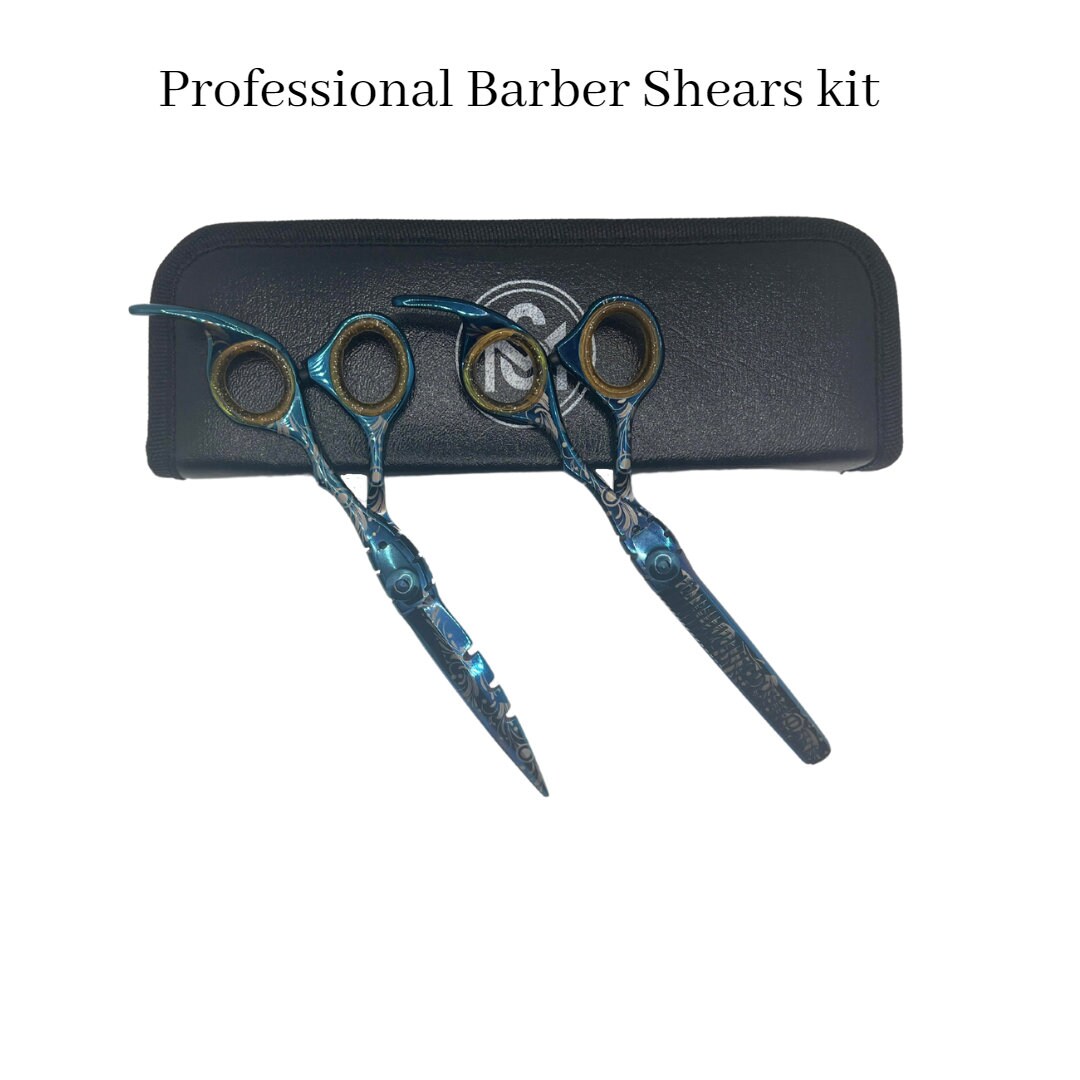 Professional Barber Blue Color Flower Printed Pattern Hair Cutting and Thinning Shears Kit 6 ...