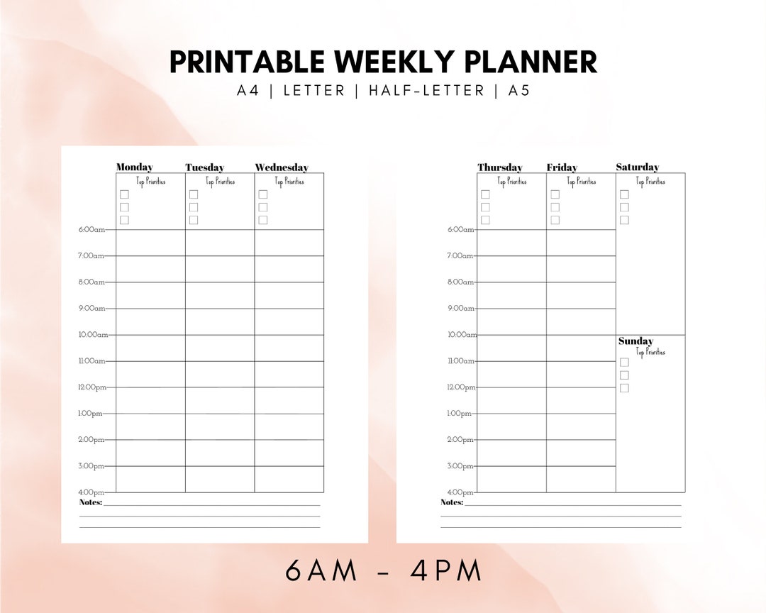 Printable Weekly Planner for Schedule Organization 6am - 4pm | Undated ...