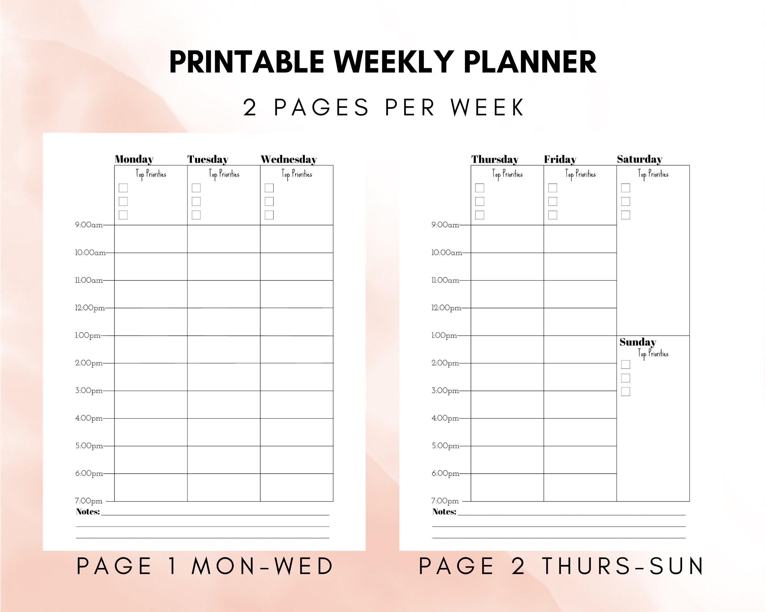 Printable Weekly Planner for Schedule Organization 9am - 7pm | Undated ...