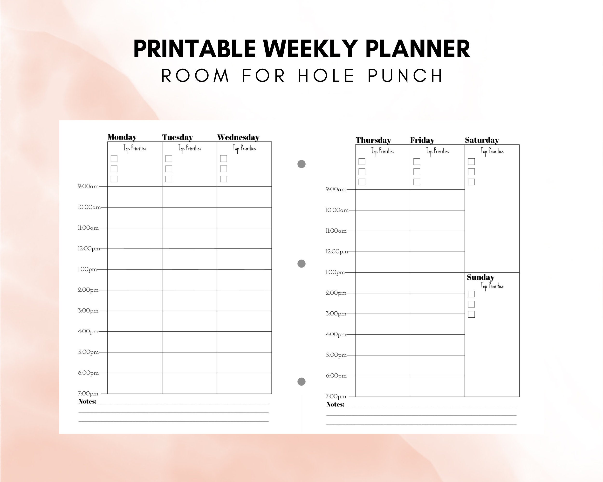 Printable Weekly Planner for Schedule Organization 9am - 7pm | Undated ...