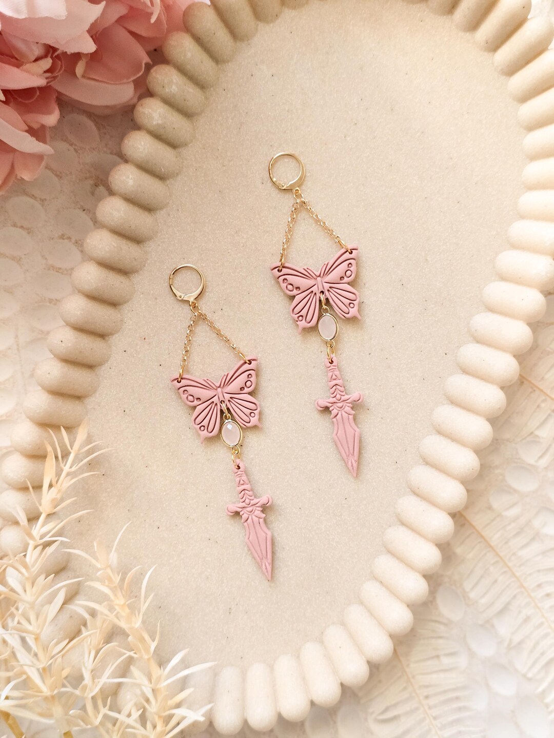 Pink Sword Butterflies Polymer Clay Earrings Handmade Earrings - Etsy