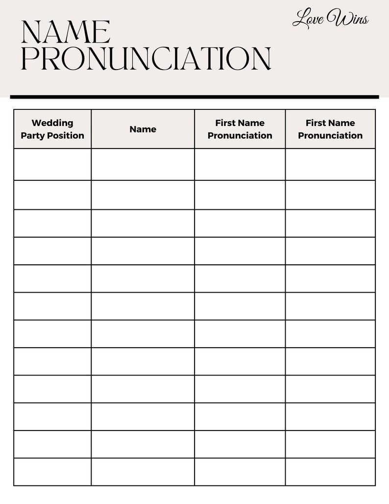 Simple Name List | Name Sheet for Wedding | Bridal Party Names ...