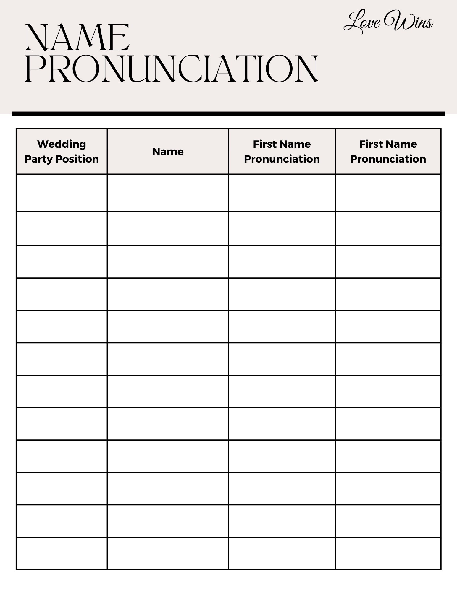 Simple Name List Name Sheet for Wedding Bridal Party Names Organized ...