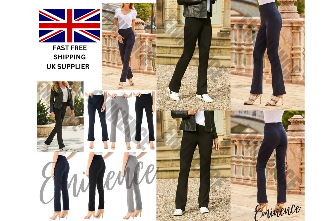 Womens Bootleg Trousers Ladies Bootcut Stretch Finely Ribbed Pants ...