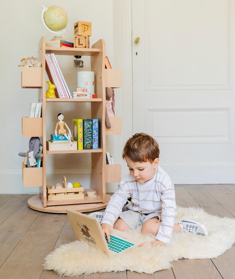 360 Rotating Montessori Bookcase in Natural Beech Wood Holds up to 300 ...