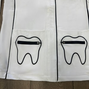 Custom Dental Lab Coat – Elegant White With Black Trim and Tooth ...
