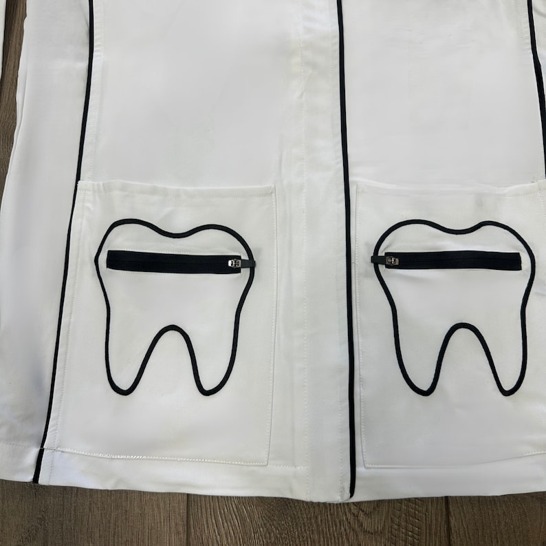 Custom Dental Lab Coat – Elegant White With Black Trim and Tooth ...