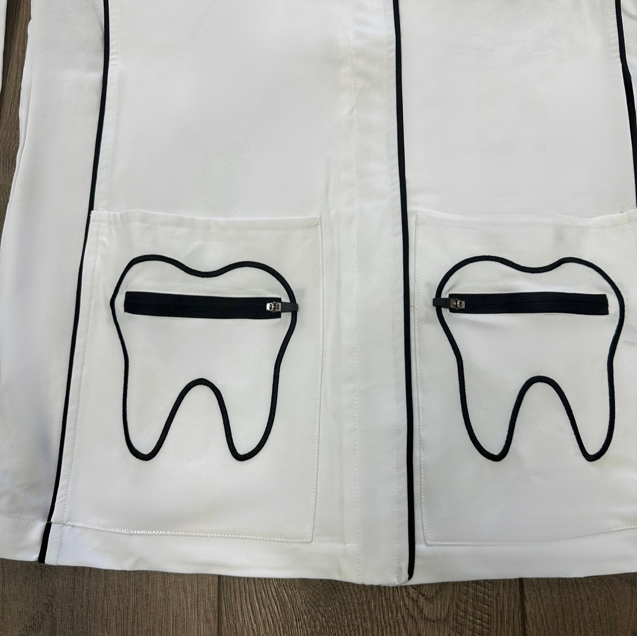 Custom Dental Lab Coat – Elegant White With Black Trim and Tooth ...
