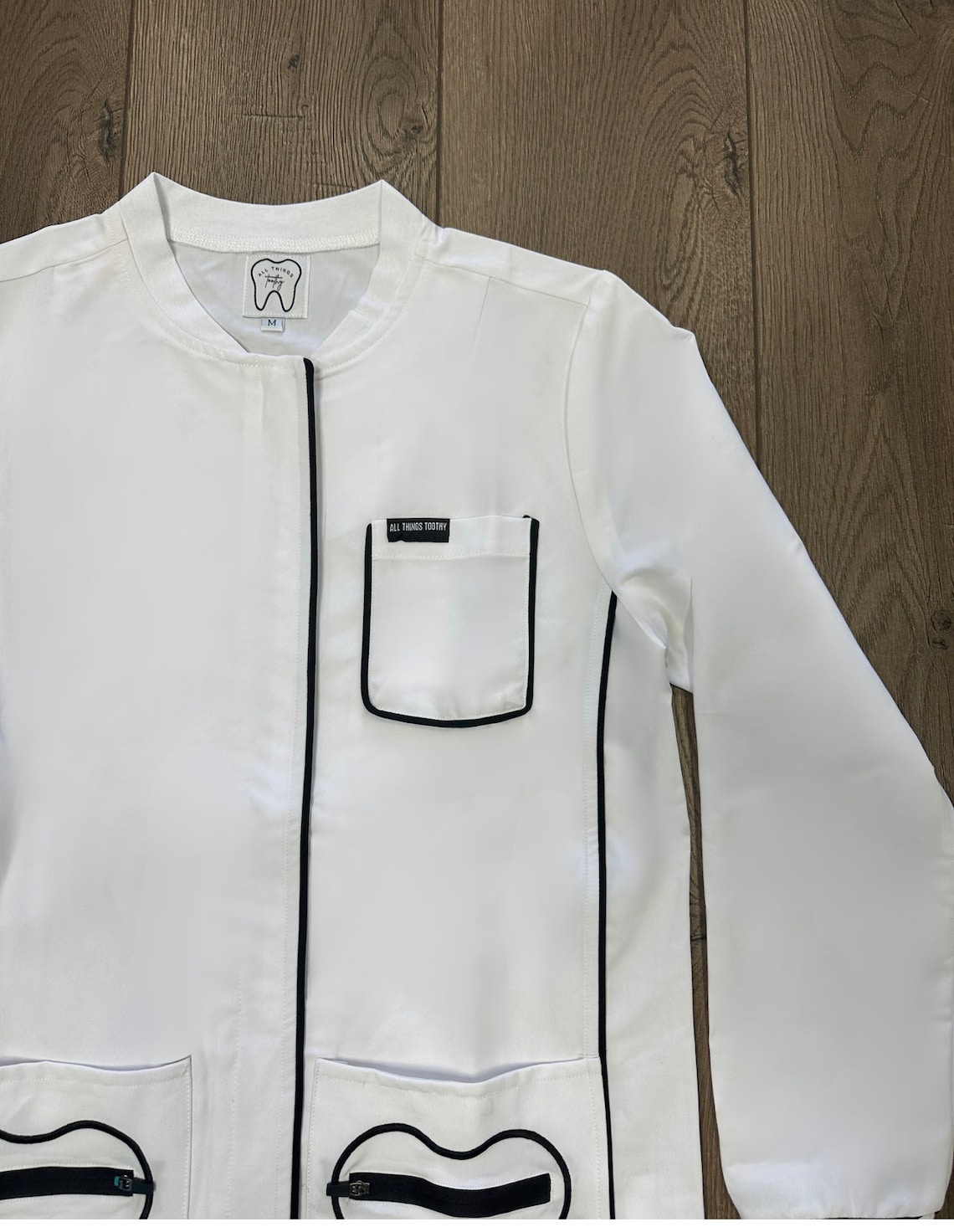Custom Dental Lab Coat – Elegant White With Black Trim and Tooth ...