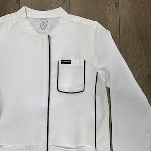 Custom Dental Lab Coat – Elegant White With Black Trim and Tooth ...