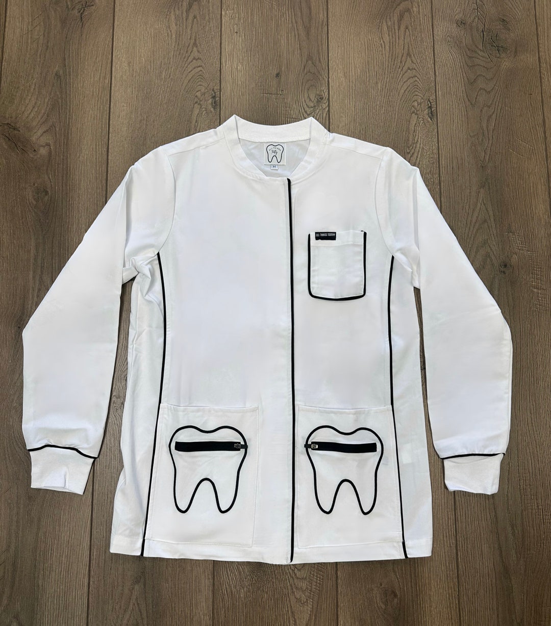 Custom Dental Lab Coat – Elegant White With Black Trim and Tooth ...