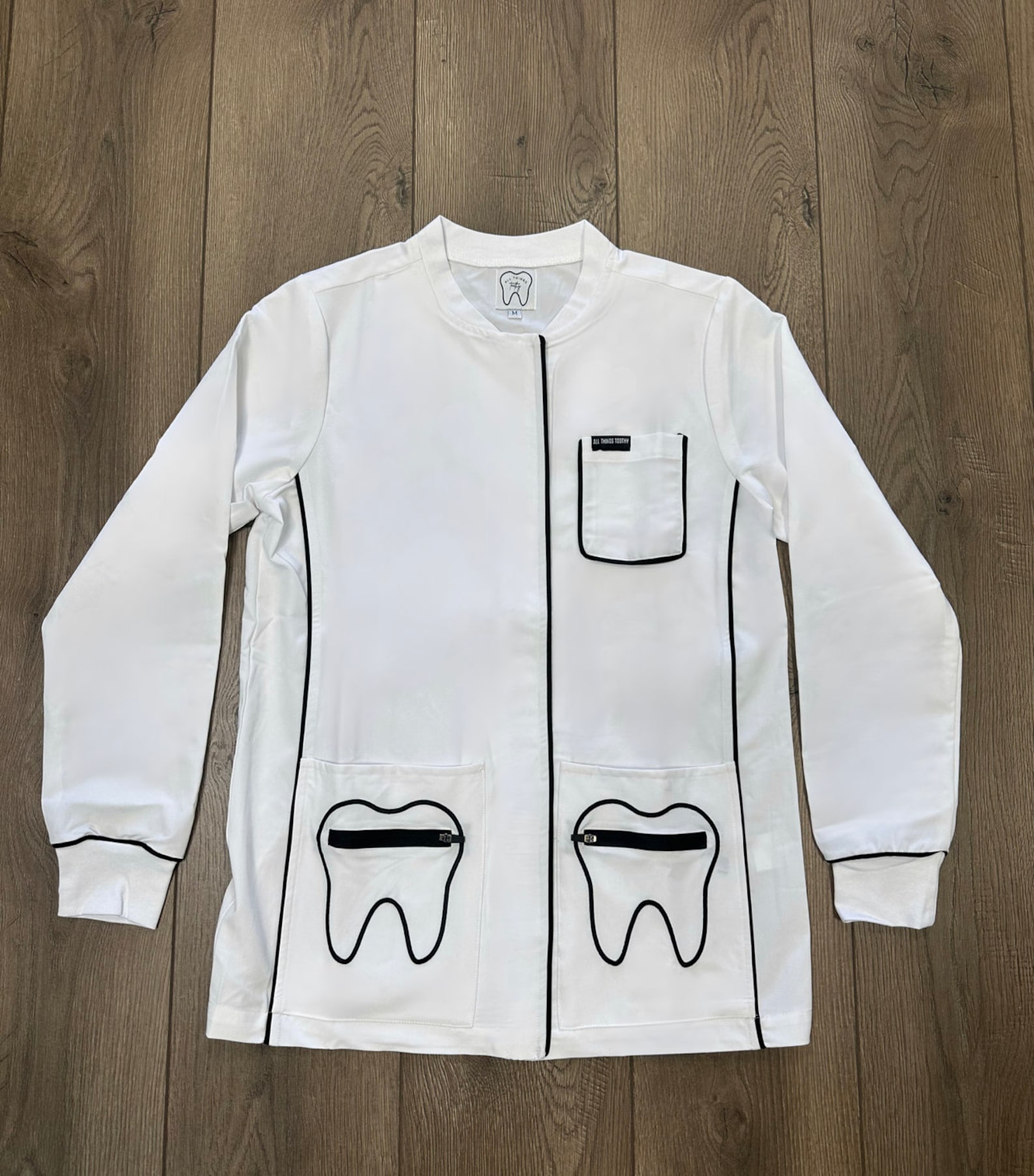 Custom Dental Lab Coat – Elegant White With Black Trim and Tooth ...