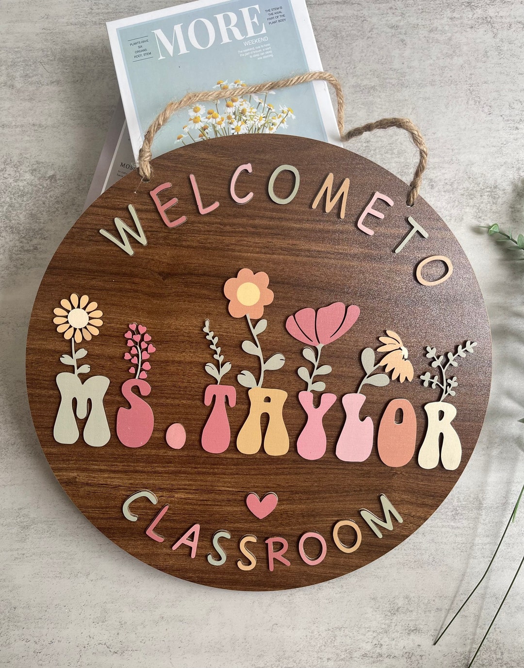 Personalized Teacher Name Sign With Flowers, Classroom Door Hanger ...