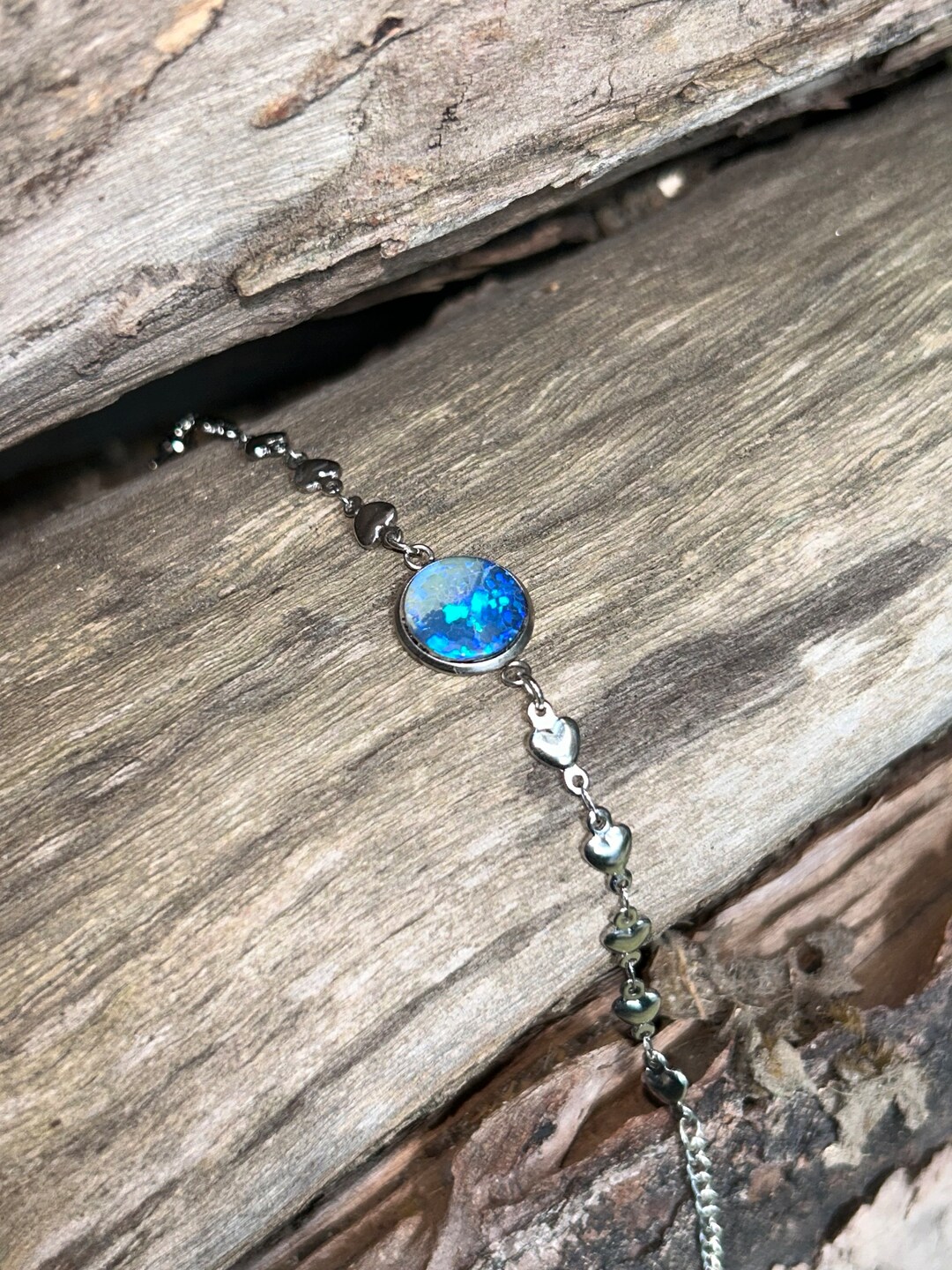 Lightning Ridge Inlay Silver Heart Chain Bracelet NO908 Feature Natural ...