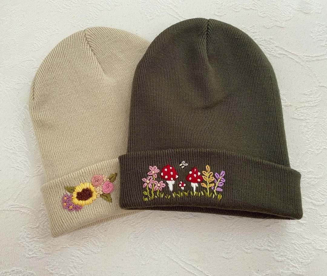 Hand Embroidered Beanie | Toadstool or Sunflower Design - Etsy