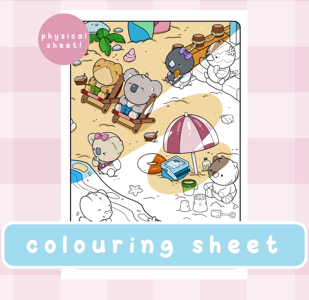 The Beach ~ Cute Hand Drawn Colouring in Page | Physical Colouring in ...