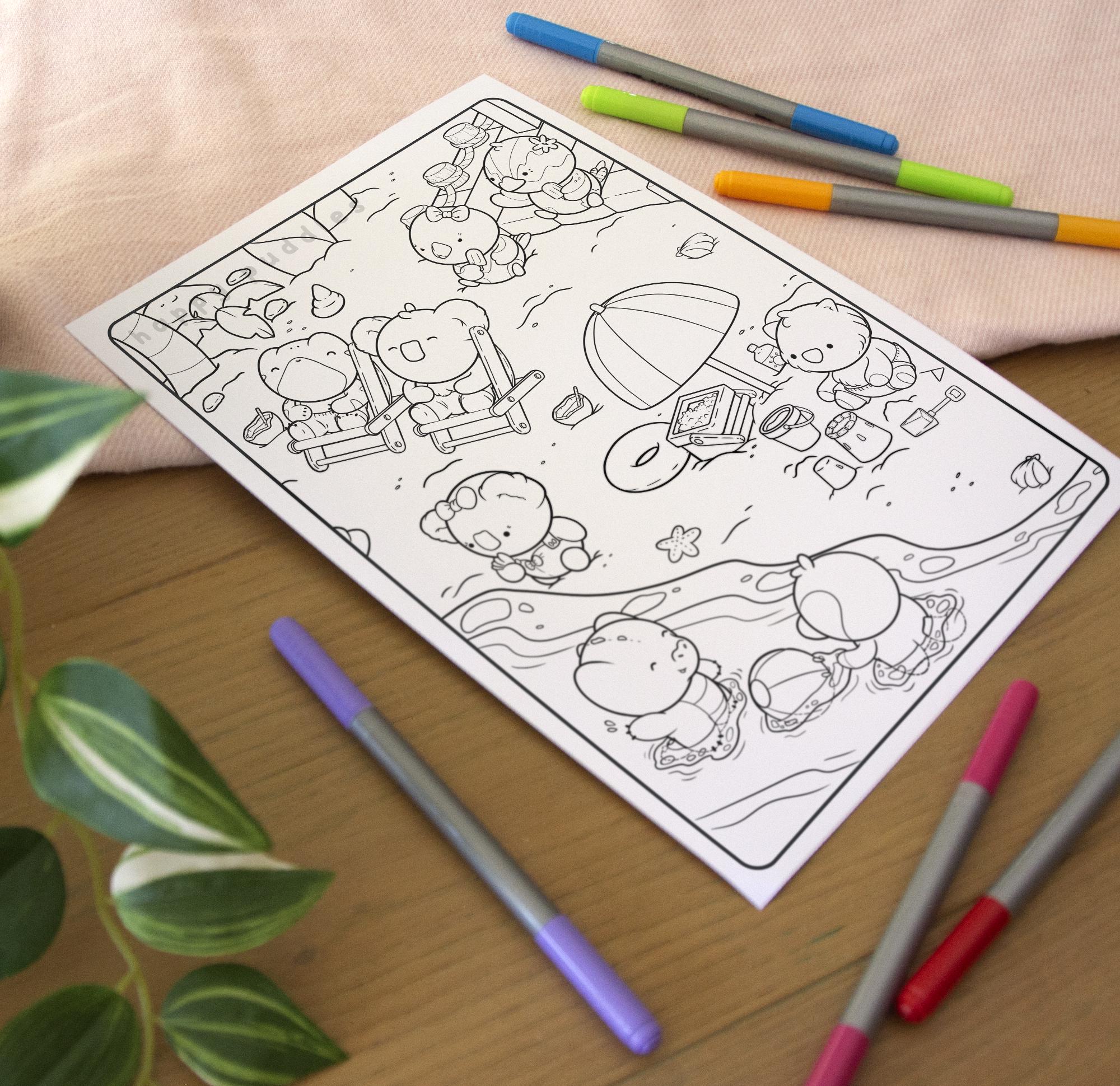 The Beach ~ Cute Hand Drawn Colouring in Page | Physical Colouring in ...