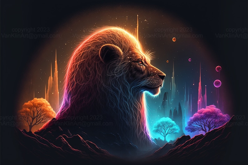 Printable Neon Wall Art, Colorful Lion Print, Neon Art, Neon Animal ...