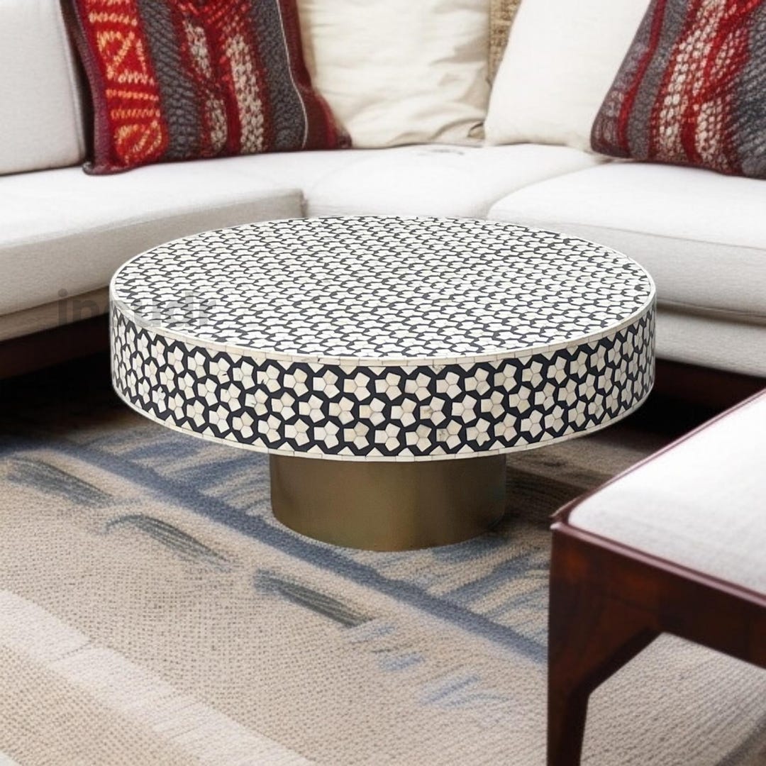 Bone Inlay Coffee Table Round Center Table, Living Room Furniture, Bone ...
