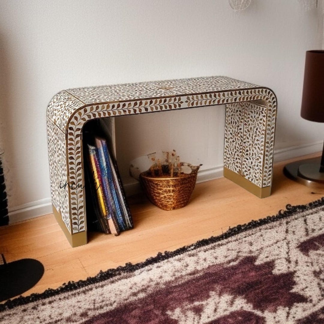 Handcrafted Inlay Console Table, Floral Pattern Teak Wood, Study Table ...
