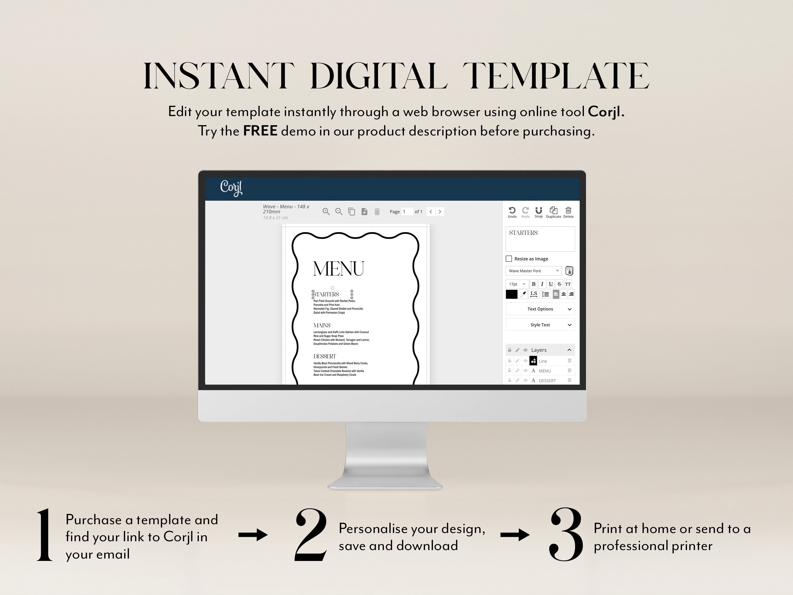 Wave Menu & Name Card Digital Template - Editable Wedding Stationery ...