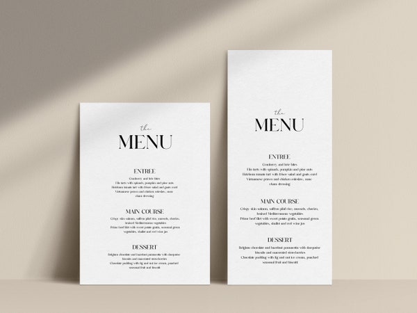 Wedding Menu Cards Place Settings Bundle Digital Template Minimalist ...