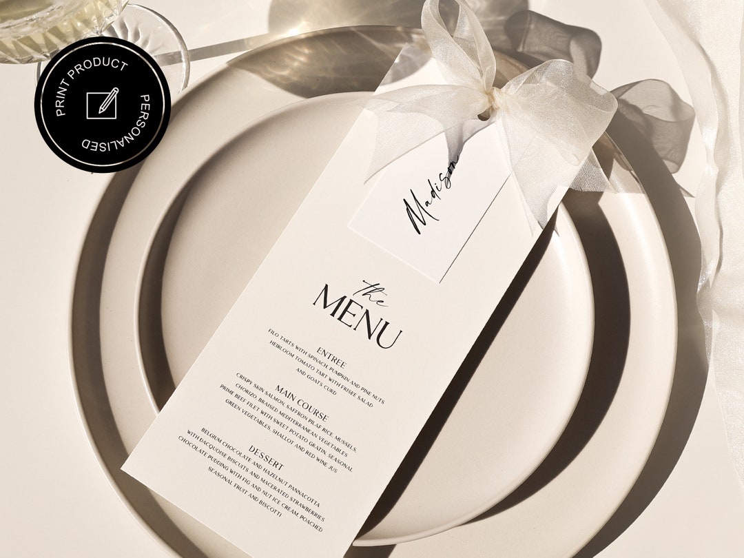 Minimal Printed Wedding Menu and Name Card for Event Nora Customizable ...