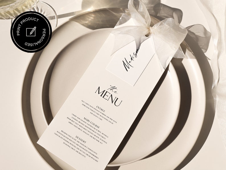 Minimal Printed Wedding Menu and Name Card for Event Customizable Print ...