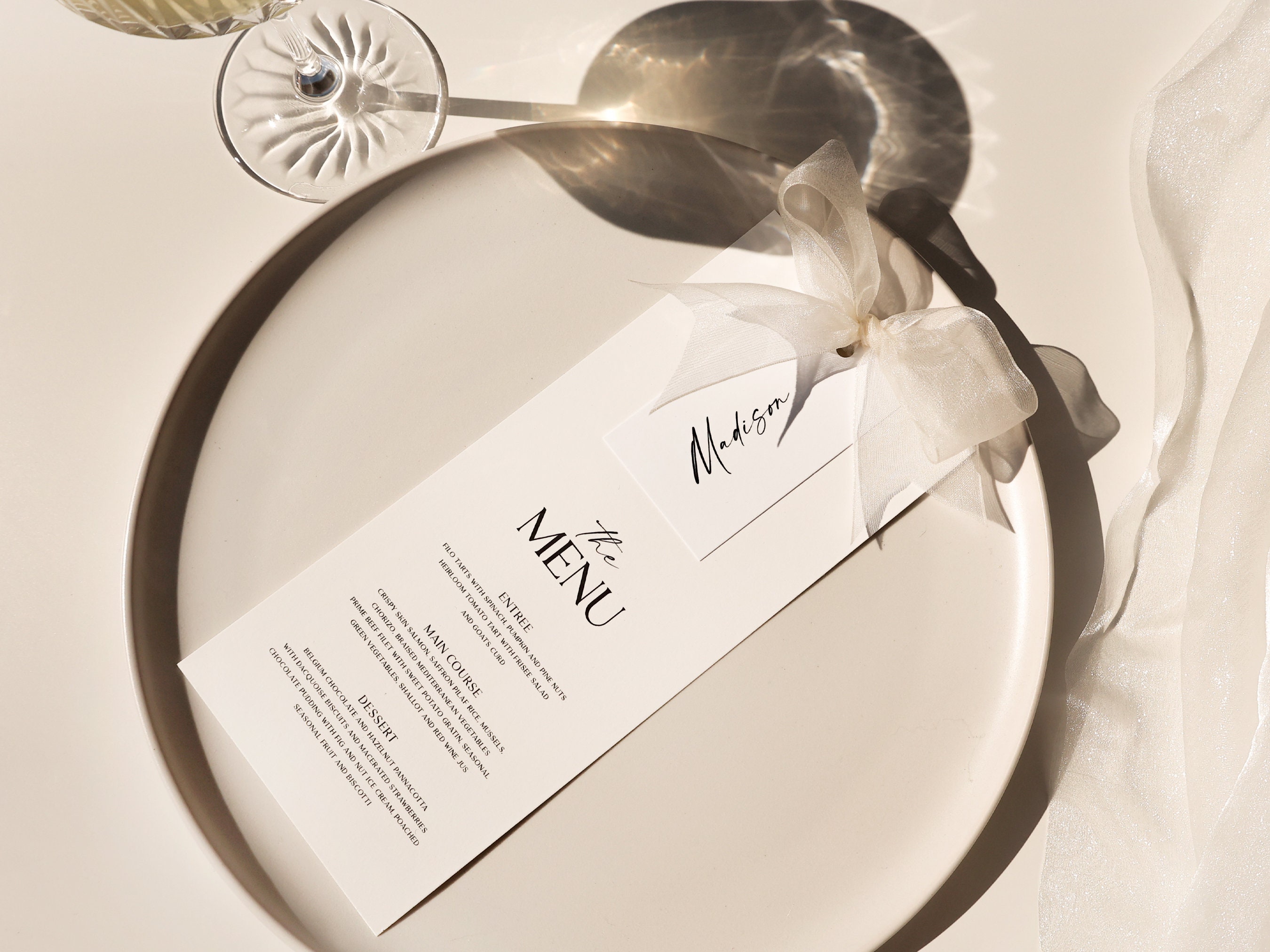 Minimal Printed Wedding Menu and Name Card for Event Nora Customizable ...
