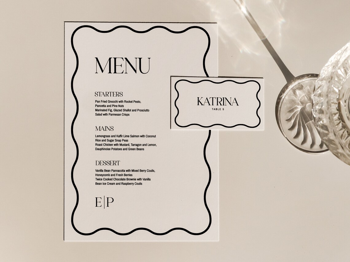 Wave Menu & Name Card Digital Template - Editable Wedding Stationery ...
