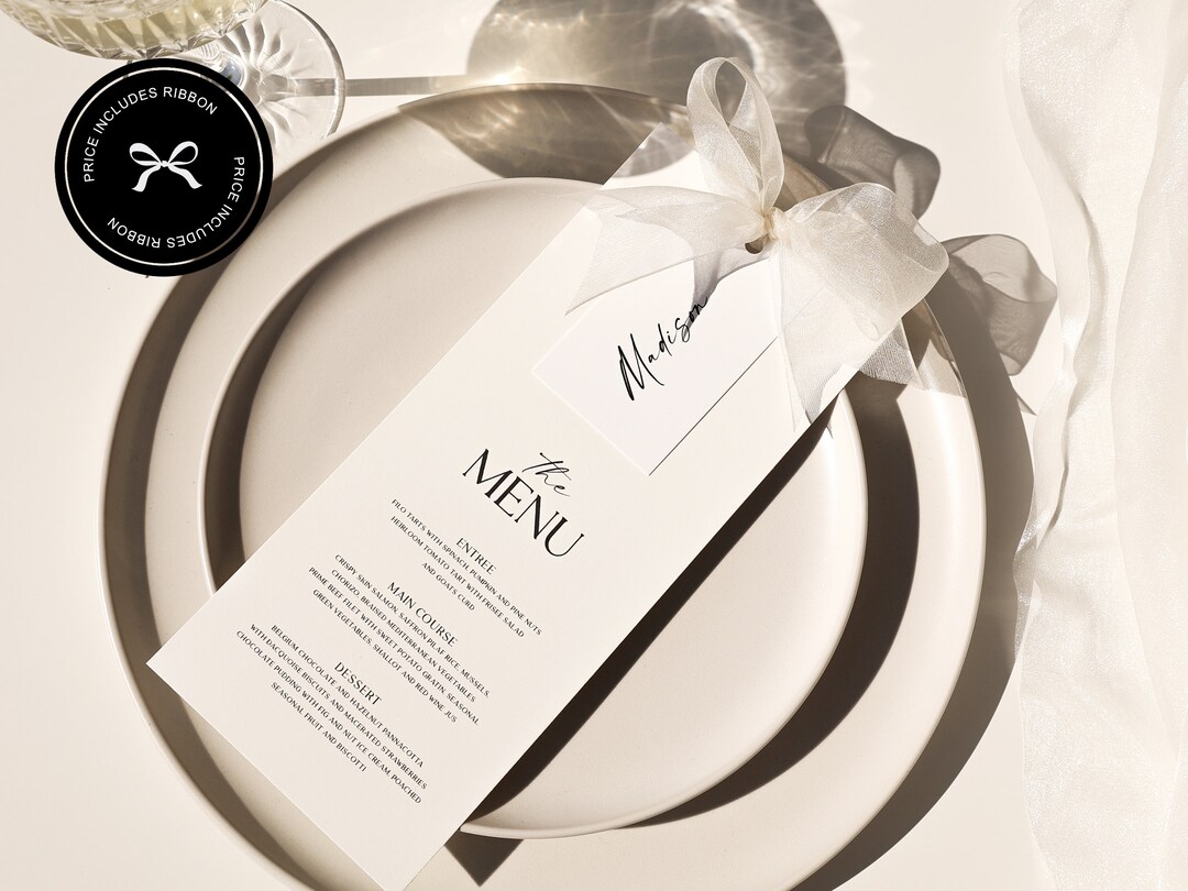 Minimal Printed Wedding Menu and Name Card for Event Nora Customizable ...
