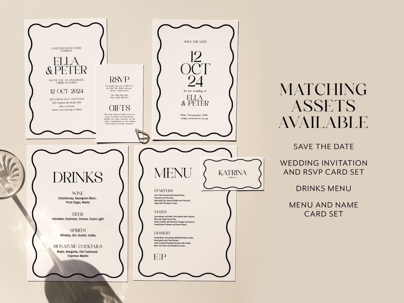 Wave Menu & Name Card Digital Template - Editable Wedding Stationery ...