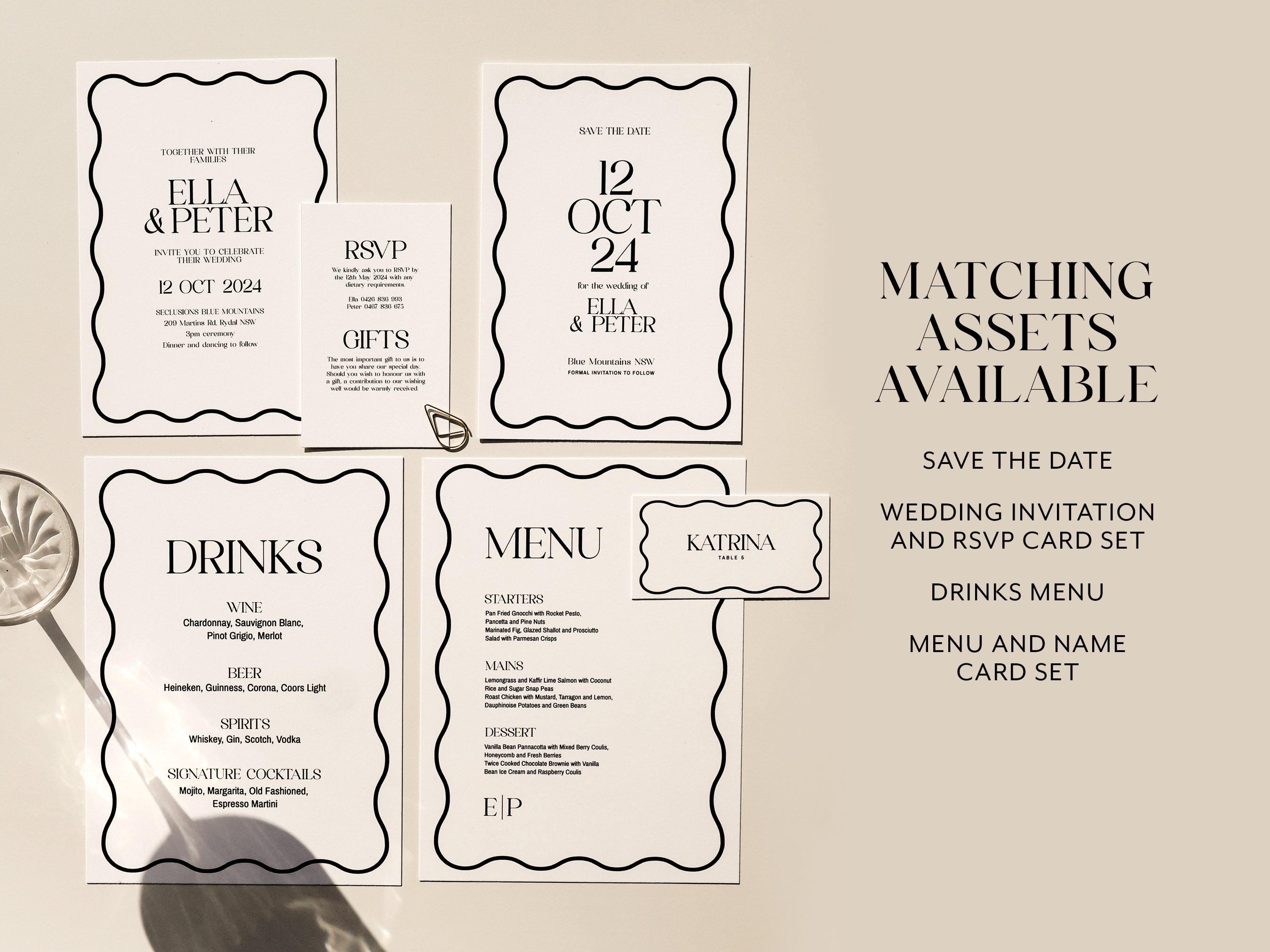 Wave Menu & Name Card Digital Template - Editable Wedding Stationery ...
