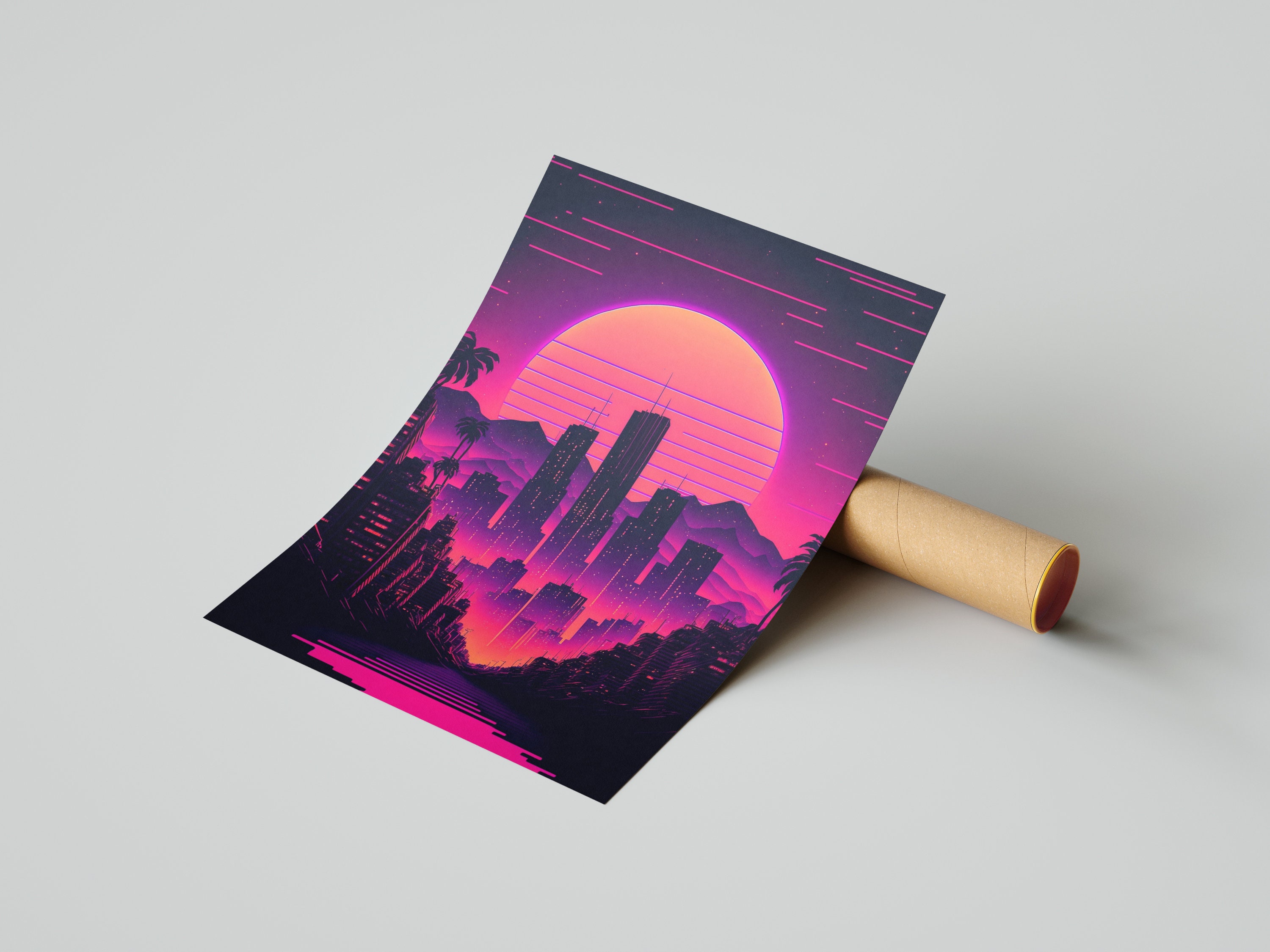 Vaporwave Sunset City Wall Art | 80s Synthwave Retrowave Style Poster ...