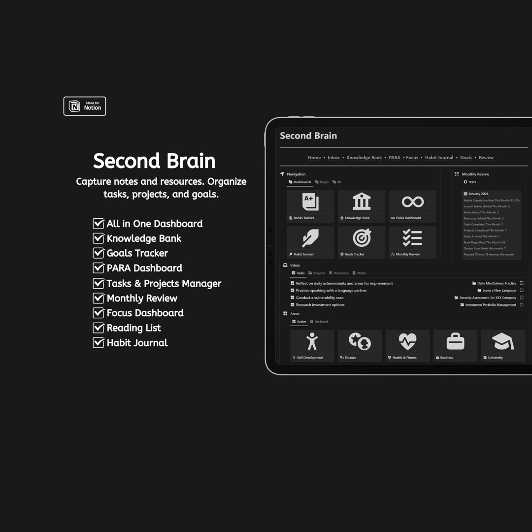Notion Second Brain: Track Goals, Knowledge Bank, PARA Dashboard, Task ...