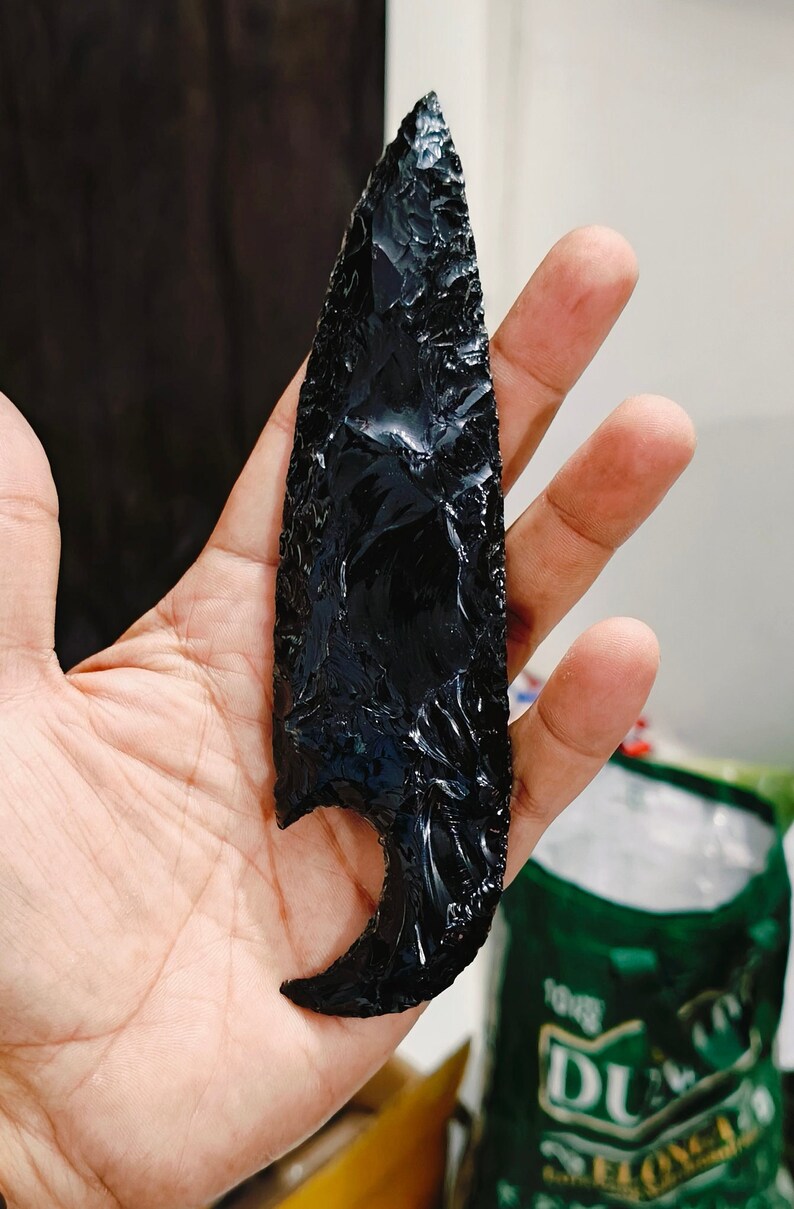 Natural Black Obsidian Spearhead Arrowhead 6 Inch Hand Carved Crystal Black Obsidian Spearhead ...
