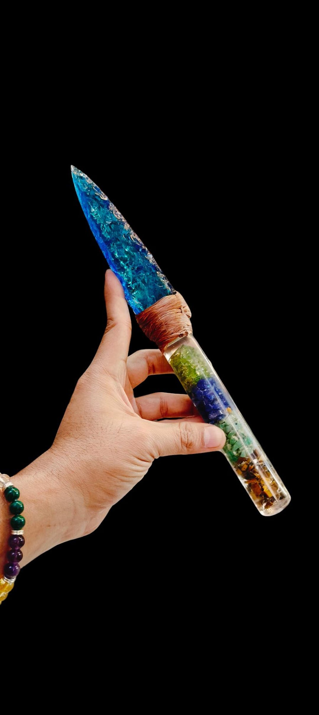 11" Aqua Obsidian Spearhead With Gemstone Orgonite Handle Large ...