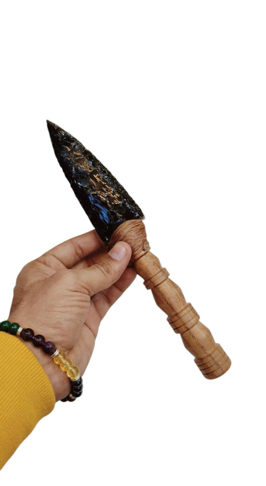 Handmade Black Obsidian Spear - 8" Stone Arrowhead With Wooden Handle ...