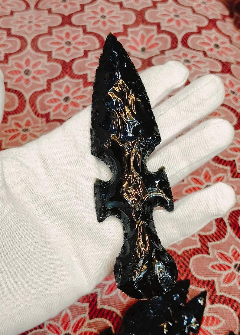 6" Black Obsidian Spearhead - Hand Knapped Volcanic Glass Dagger ...