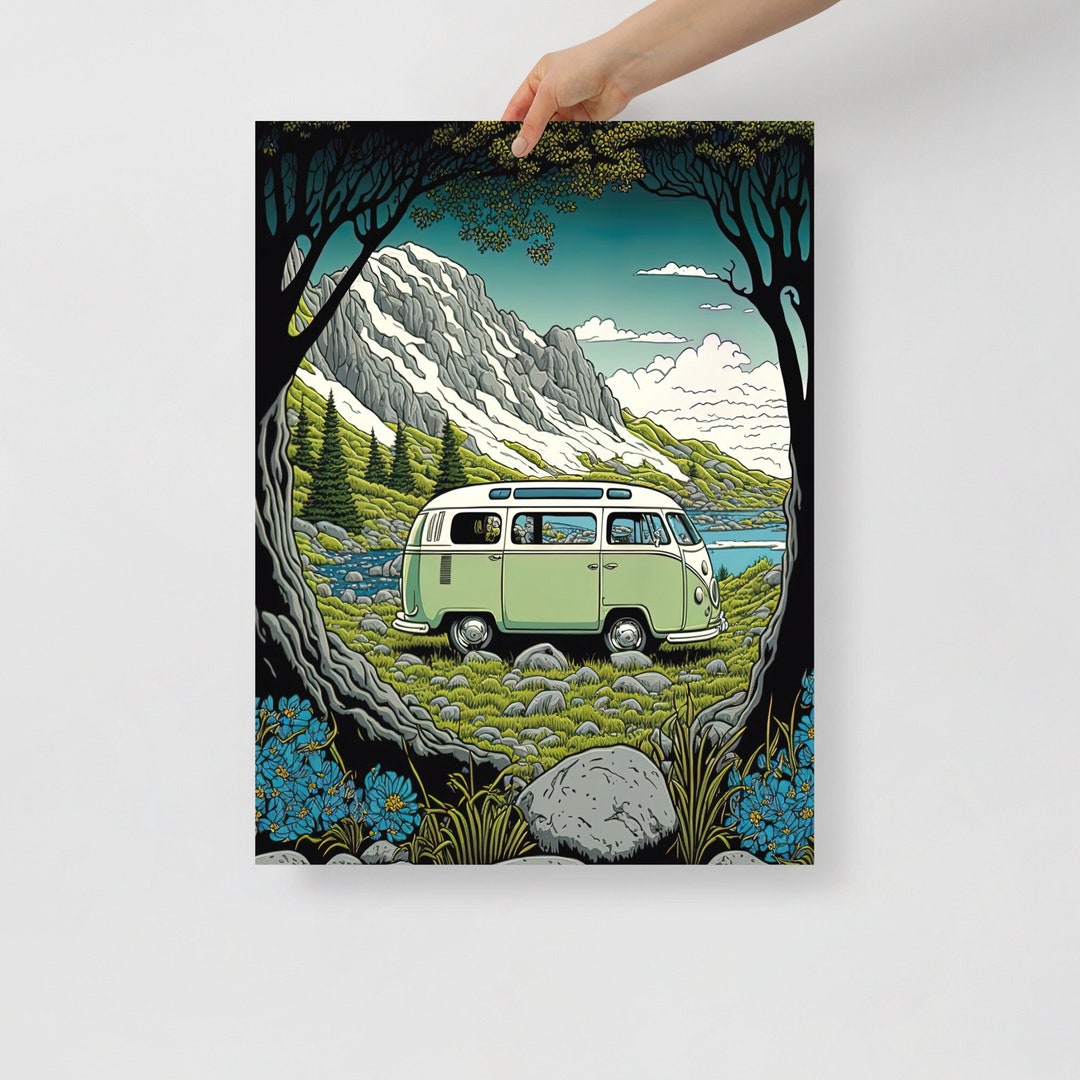 VW Van Pop Art Wall Art, Original Colorful Hippie Van Illustration ...