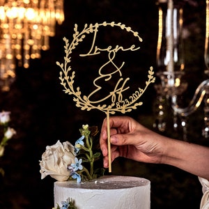 Gold Wedding Cake Topper With Floral, Custom Couples Script Cake Topper ...