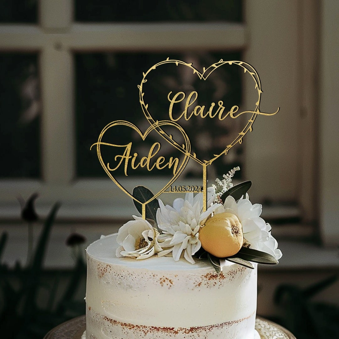Cake Toppers With With Heart and Date, Gold Wedding Vintage Cake ...