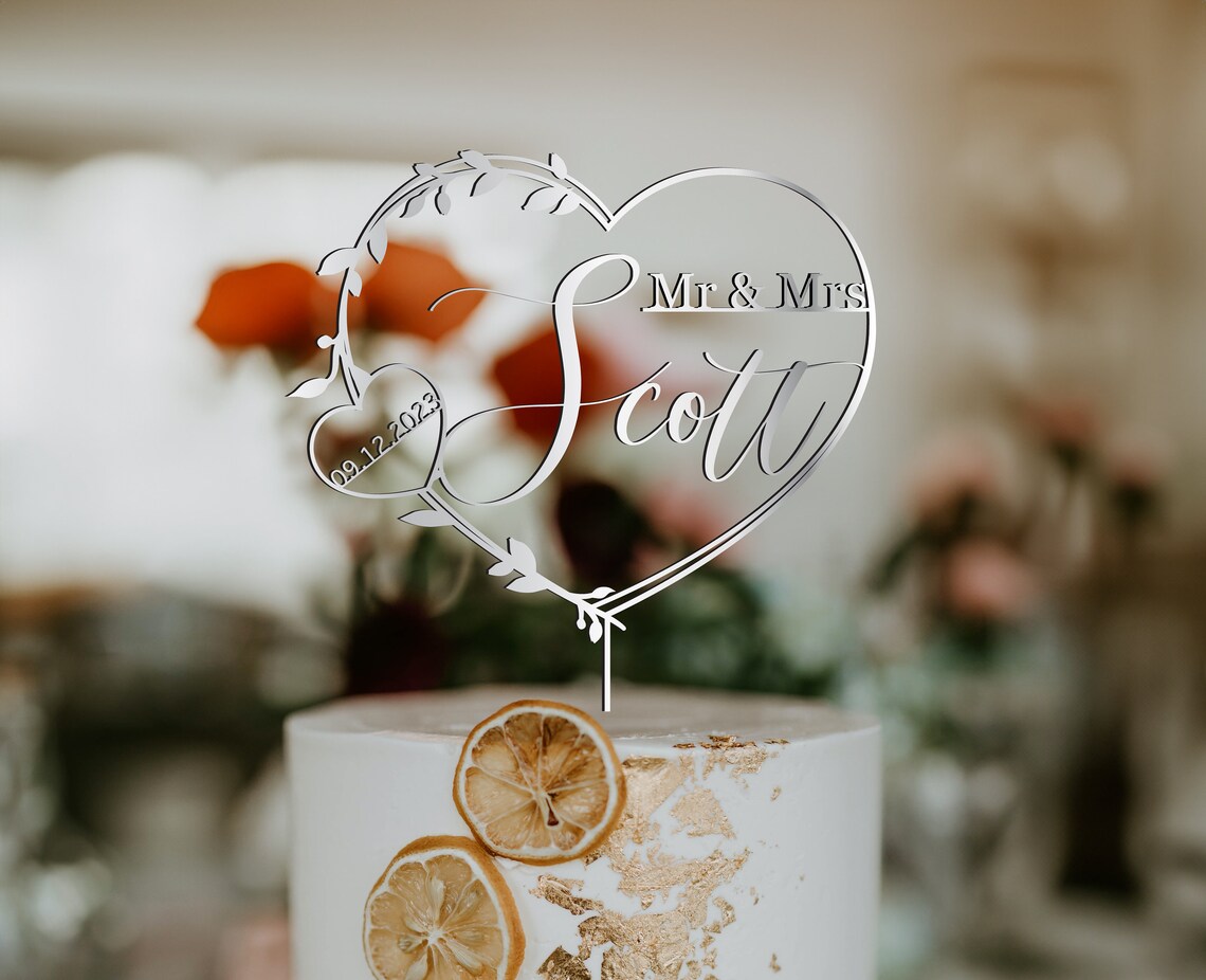 Personalized Wedding Cake Topper With Heart, Custom Couples Script Cake ...