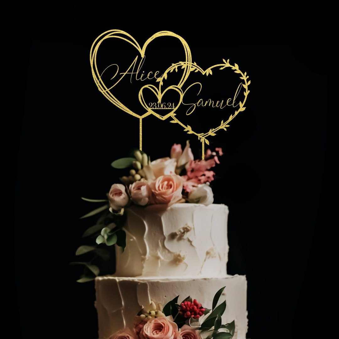 Three Hearts Wedding Cake Topper , Custom Couples Script Cake Topper ...