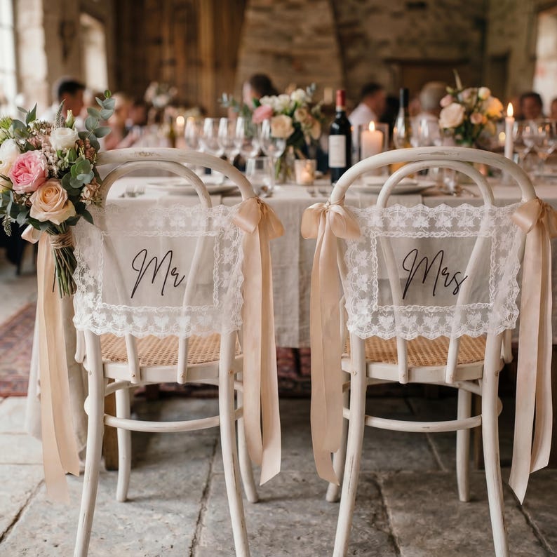 Personalized Lace Just Married Chair Sign for Bride & Groom,sheer Lace ...
