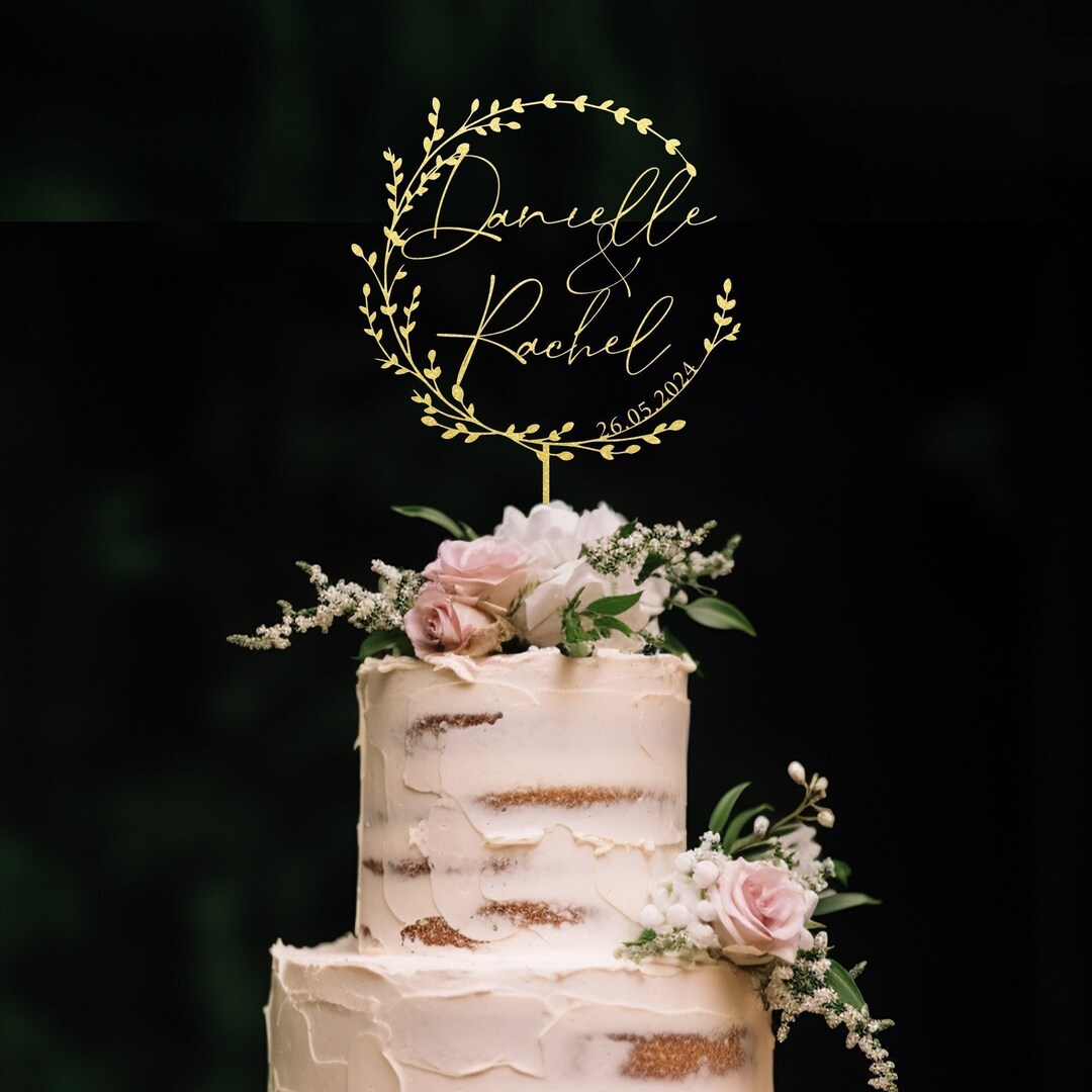 Gold Wedding Cake Topper With Floral, Custom Couples Script Cake Topper ...