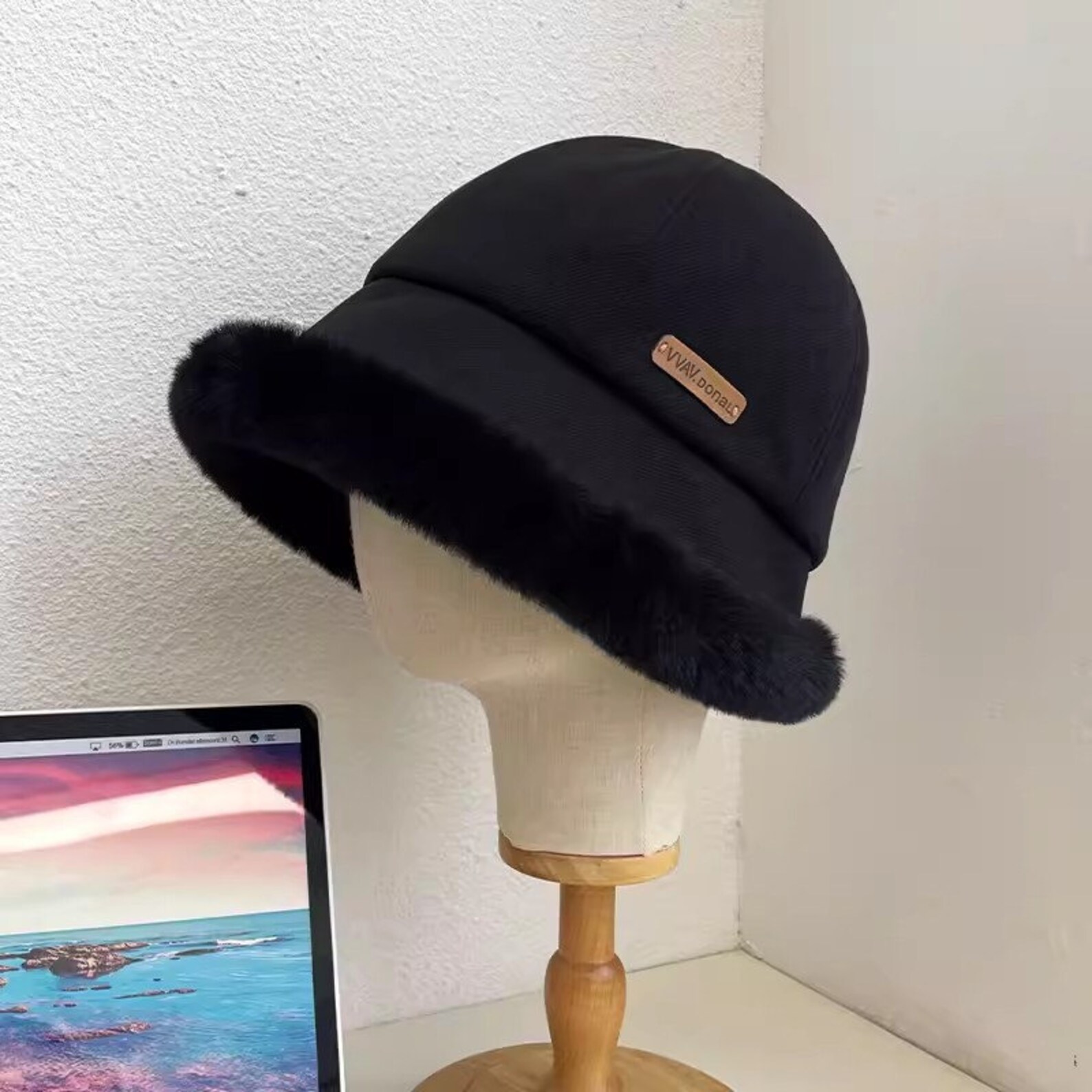 Faux Fur-trimmed Winter Bucket Hat for Women, Cotton Bucket Hat, Cloche ...