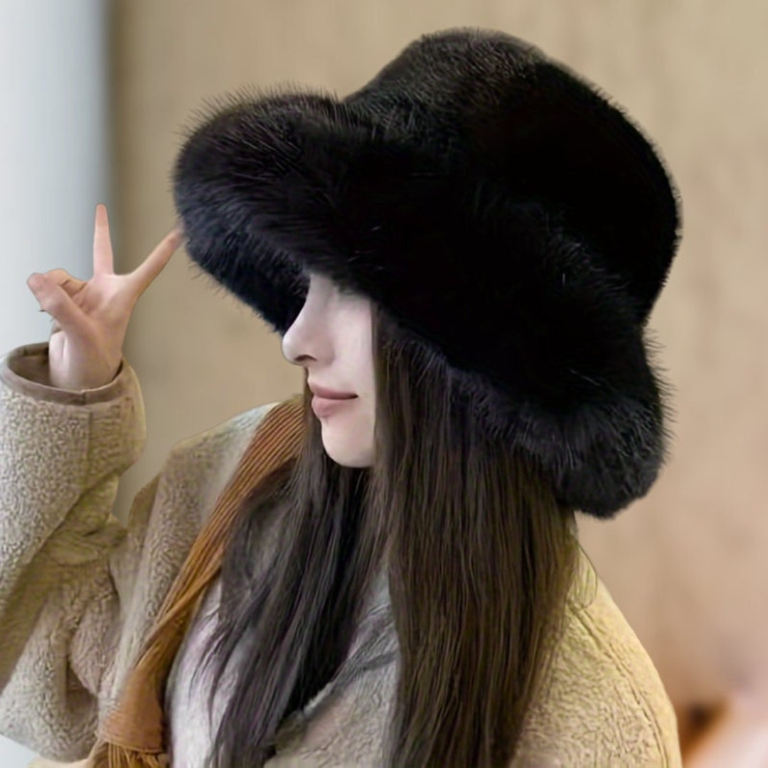 Fluffy Faux Fur Winter Oversized Bucket Hat for Women, Cloche Hat Women ...