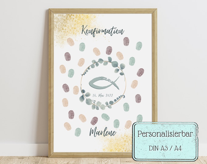 Fingerprint Gästeposter Fisch zur Taufe, Kommunion, Segnung für ein ...